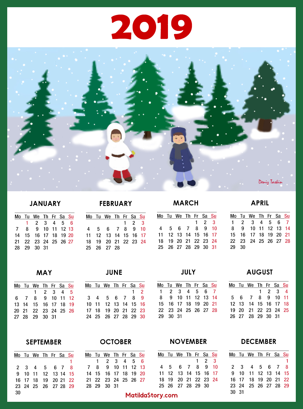 Calendar 2019 Printable – 1 Page – Monday Start – MatildaStory.com