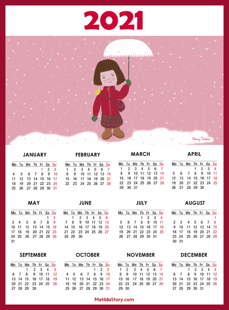 Calendar 2021 Printable – 1 Page – Monday Start – MatildaStory.com