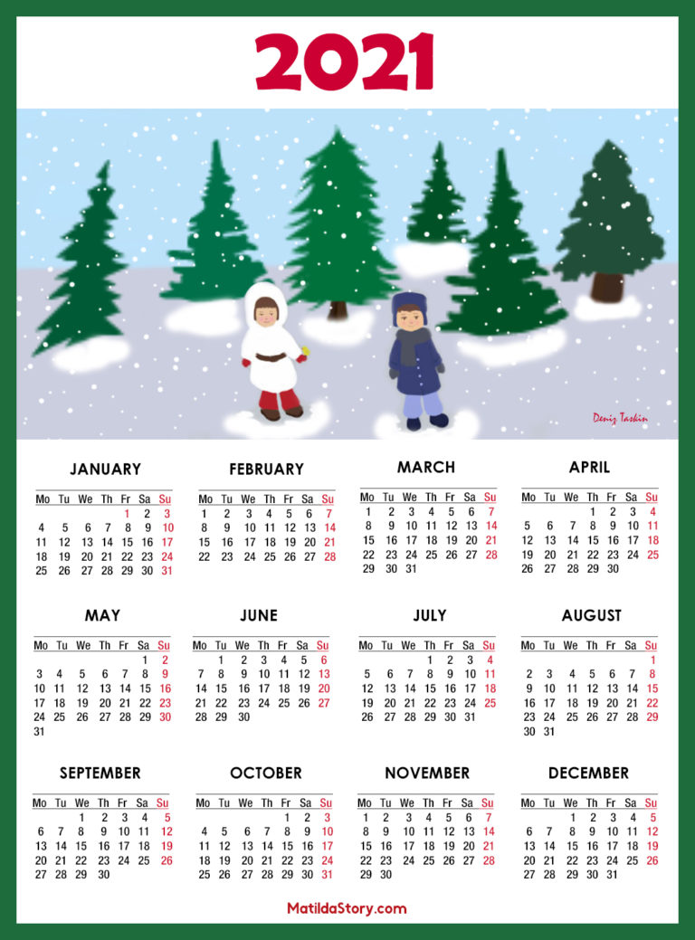 Calendar 2021 Printable – 1 Page – Monday Start – MatildaStory.com