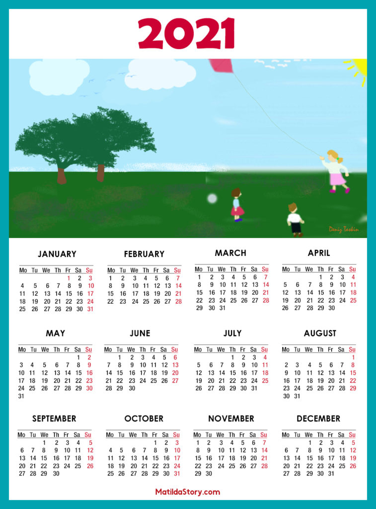 Calendar 2021 Printable – 1 Page – Monday Start – MatildaStory.com