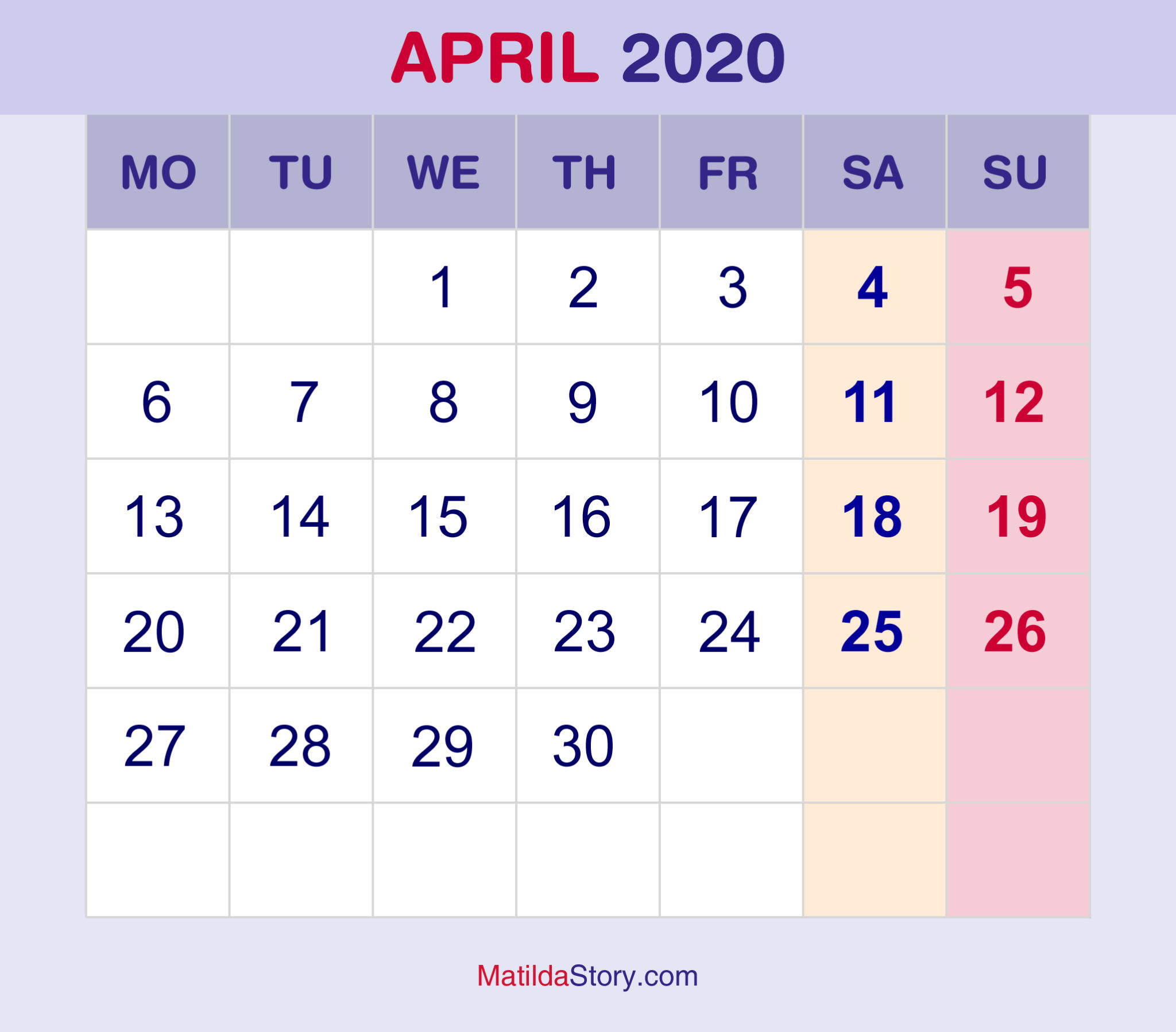April 2020 Monthly Calendar, Monthly Planner, Printable Free – Monday ...
