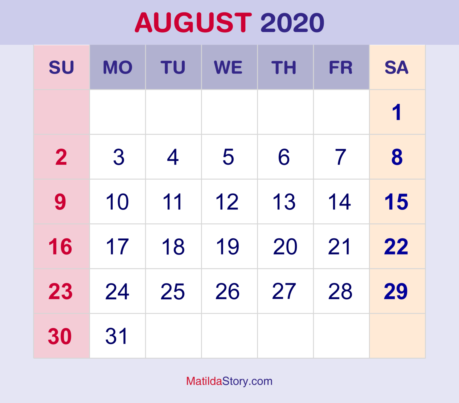 August 2020 Monthly Calendar, Monthly Planner, Printable Free – Sunday ...