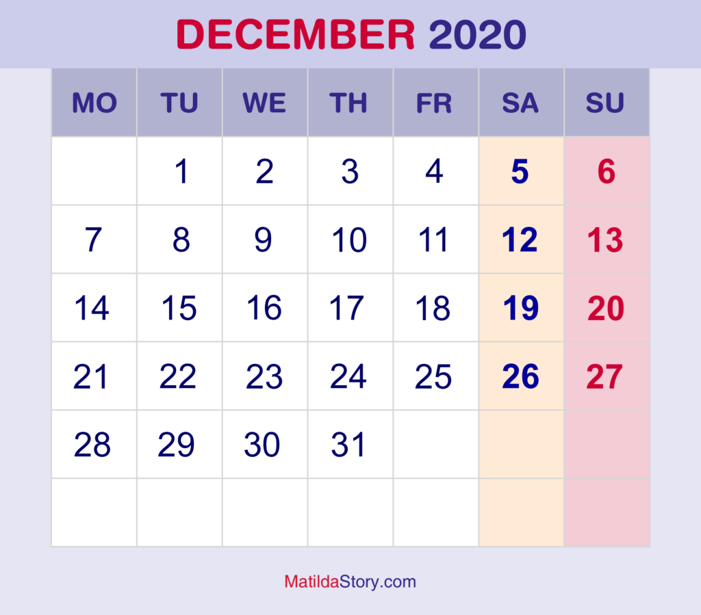 December 2020 Monthly Calendar, Monthly Planner, Printable Free ...