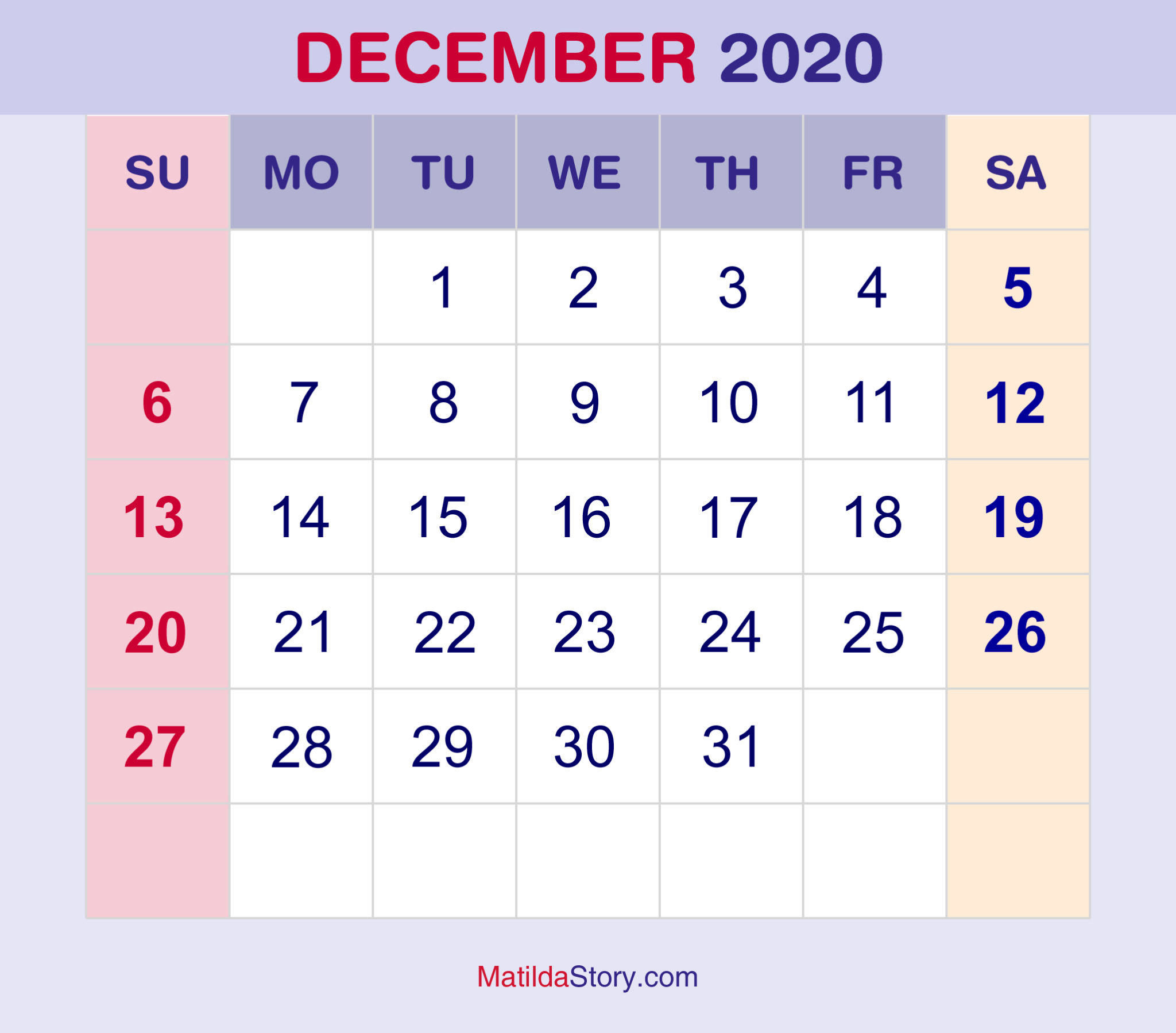 December 2020 Monthly Calendar, Monthly Planner, Printable Free ...