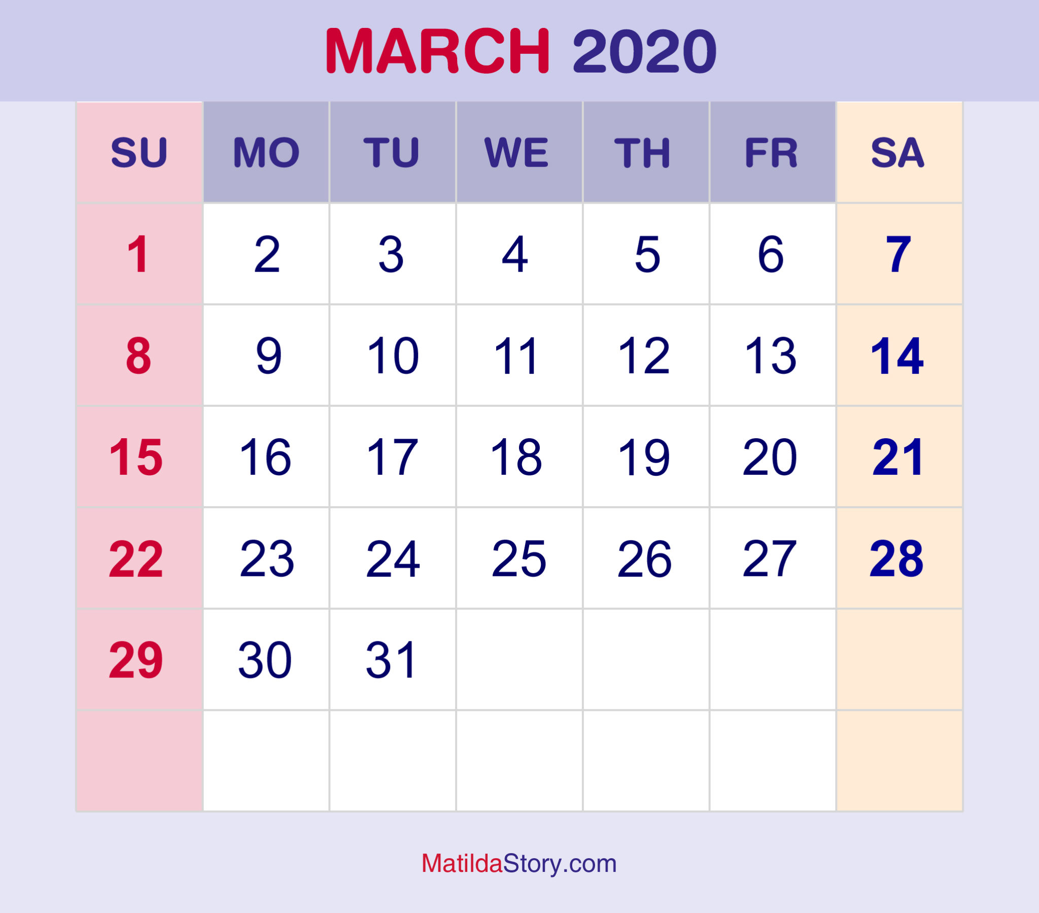 March 2020 Monthly Calendar, Monthly Planner, Printable Free – Sunday ...