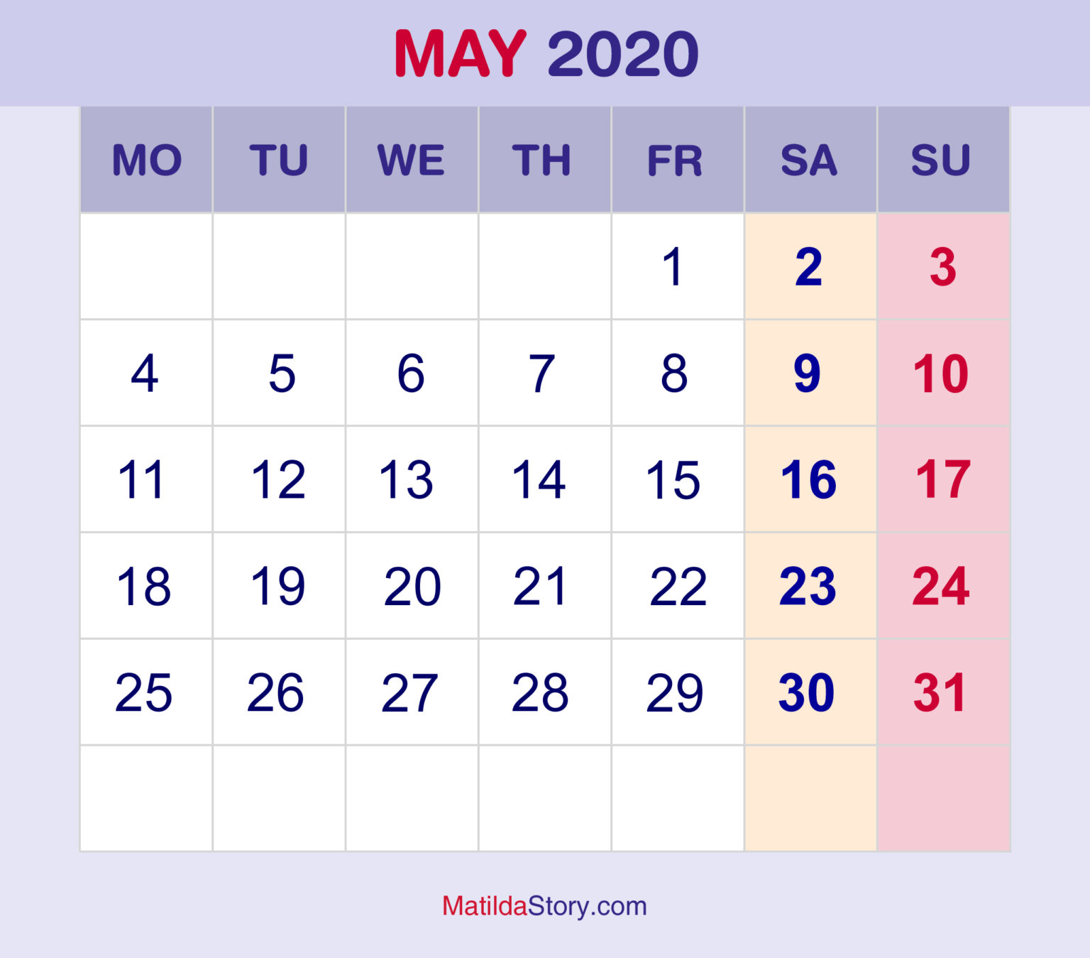 May 2020 Monthly Calendar, Monthly Planner, Printable Free – Monday ...