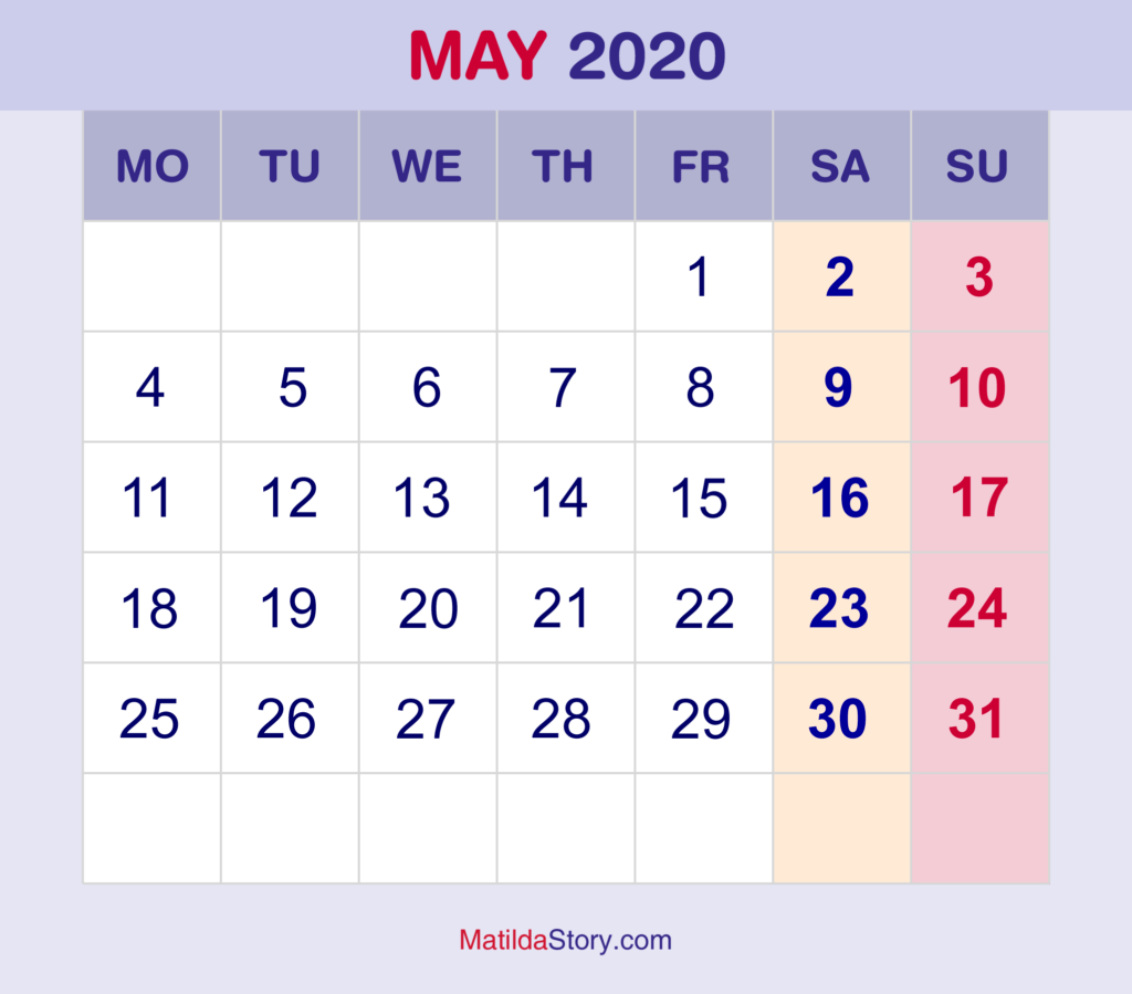 May 2020 Monthly Calendar, Monthly Planner, Printable Free – Monday ...