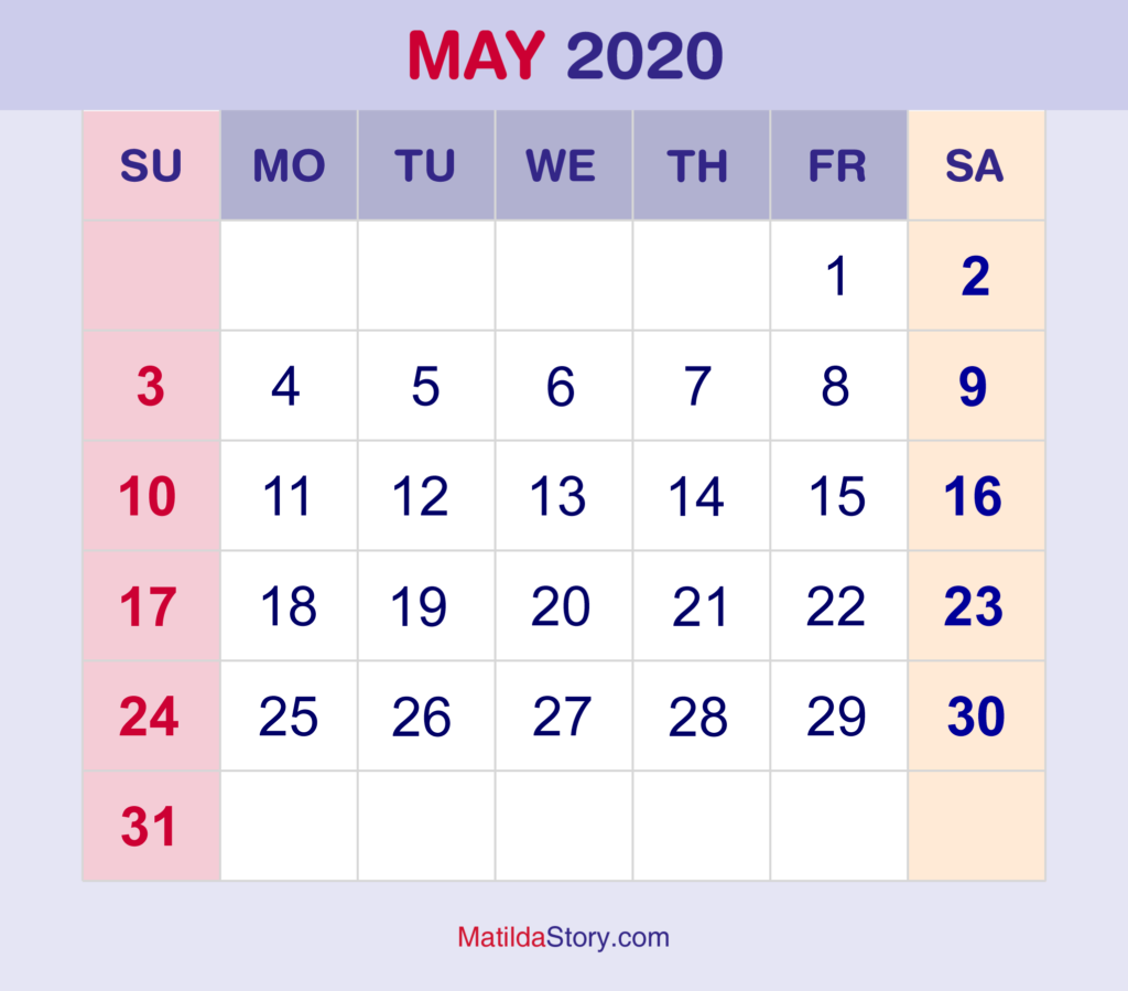 May 2020 Monthly Calendar, Monthly Planner, Printable Free – Sunday ...