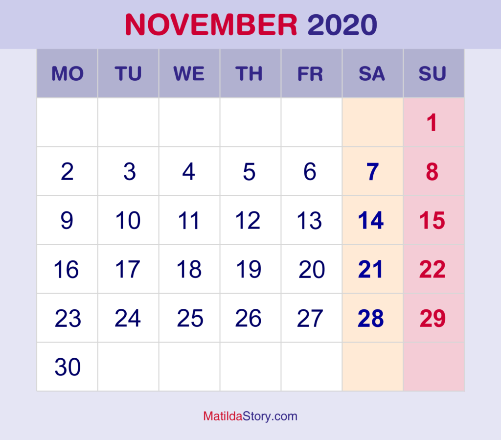 November 2020 Monthly Calendar, Monthly Planner, Printable Free ...