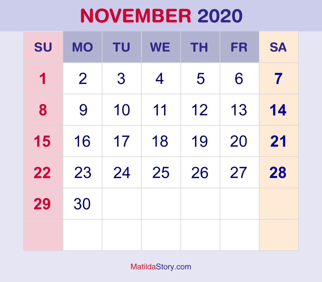 November 2020 Monthly Calendar, Monthly Planner, Printable Free ...