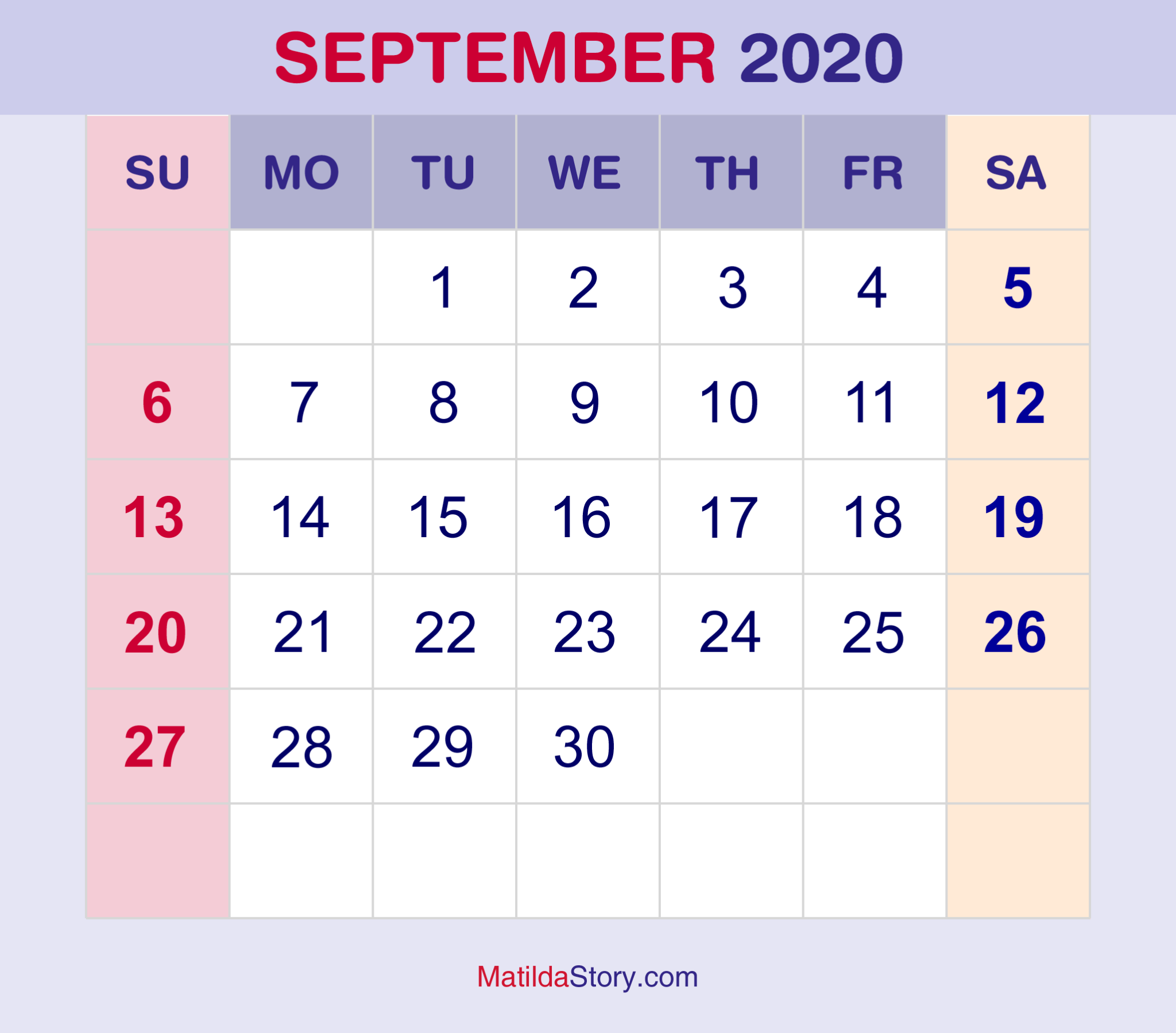 September 2020 Monthly Calendar, Monthly Planner, Printable Free ...