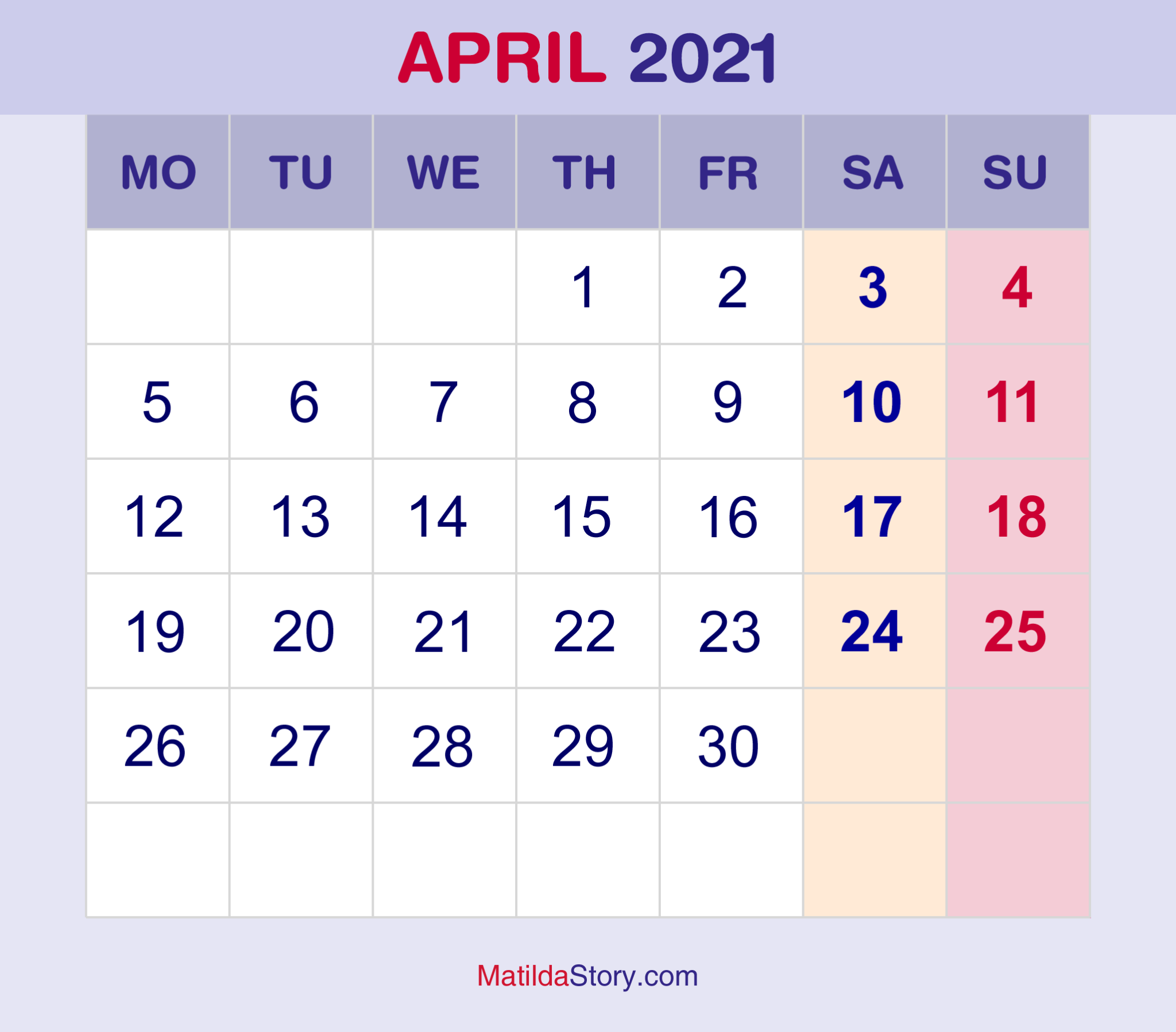 April 2021 Monthly Calendar, Monthly Planner, Printable Free – Monday ...