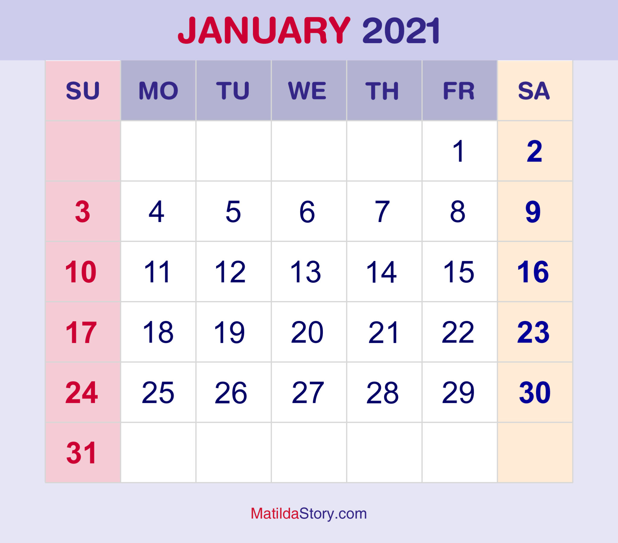 January 2021 Monthly Calendar, Monthly Planner, Printable Free – Sunday ...