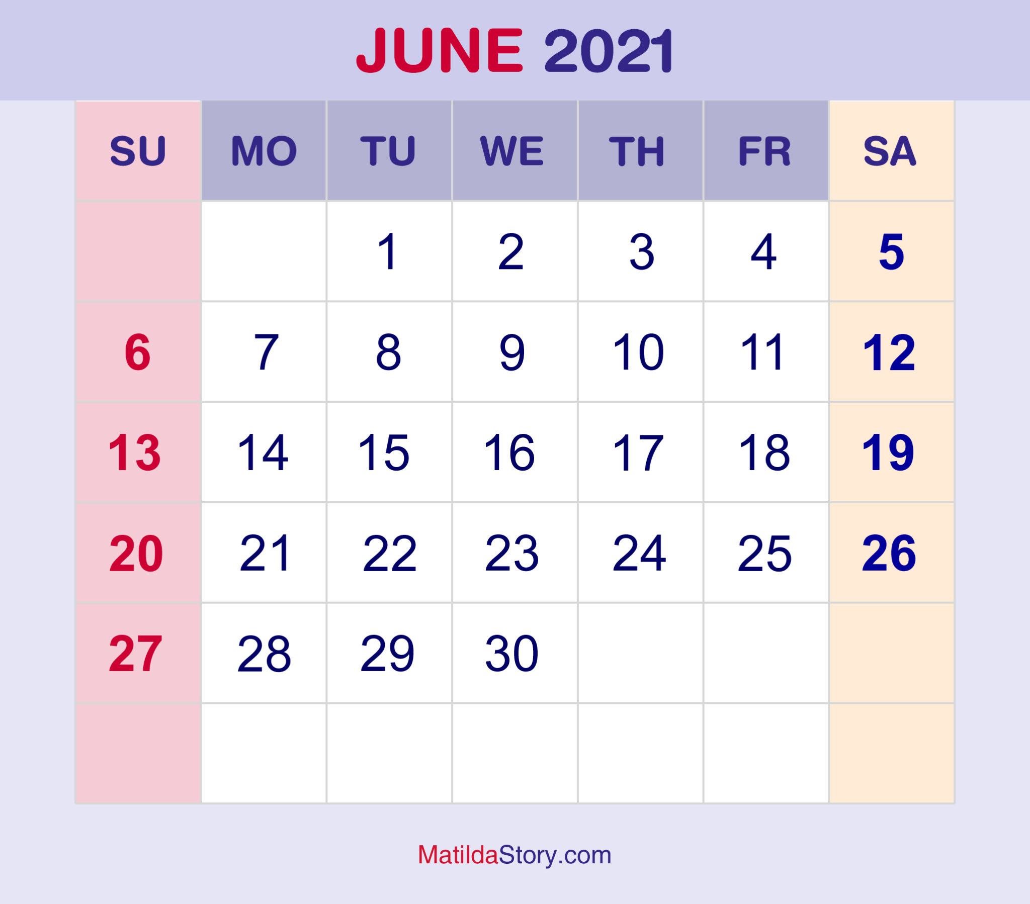 June 2021 Monthly Calendar, Monthly Planner, Printable Free – Sunday ...