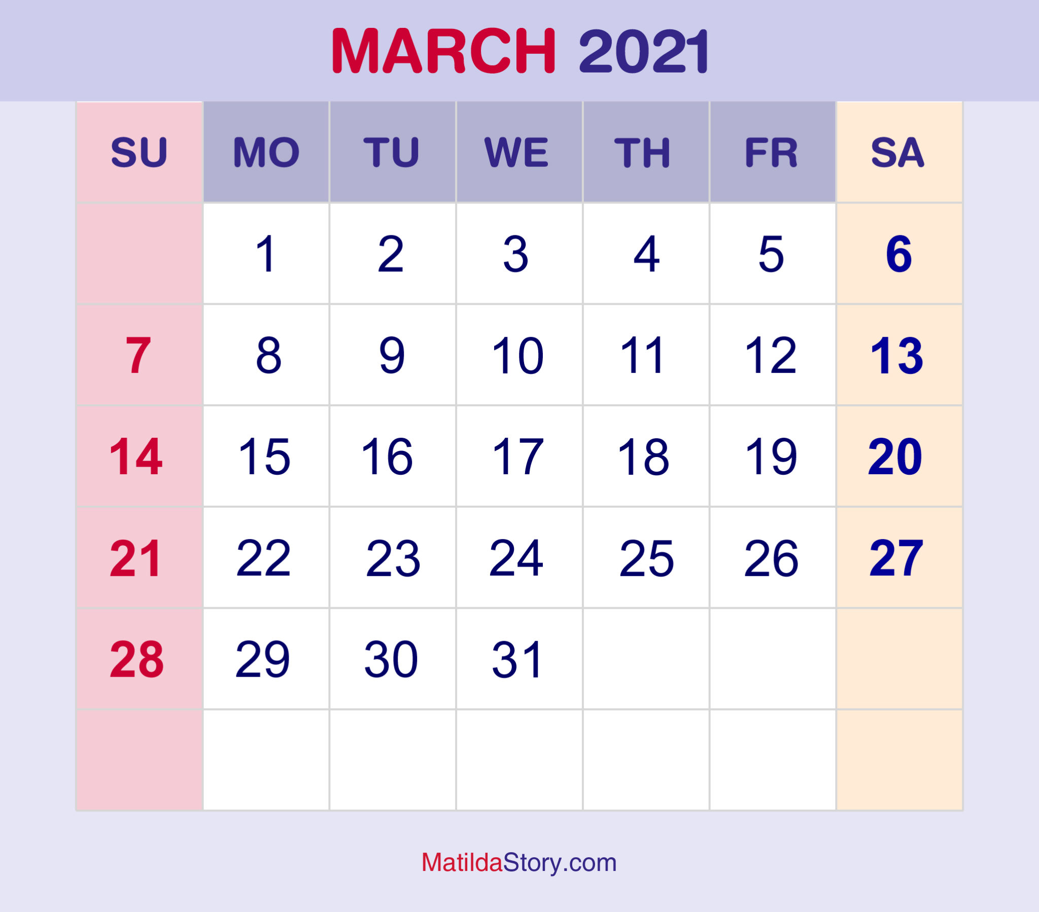 March 2021 Monthly Calendar, Monthly Planner, Printable Free – Sunday ...