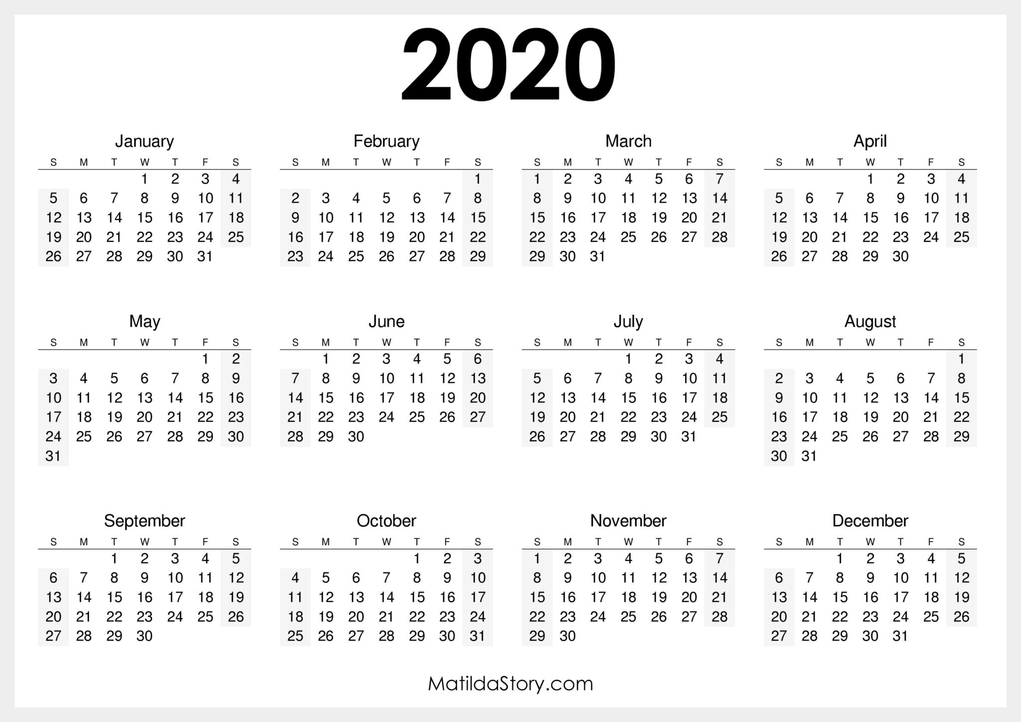 2020 Printable Free Calendar, Horizontal, White – Sunday Start, HD ...