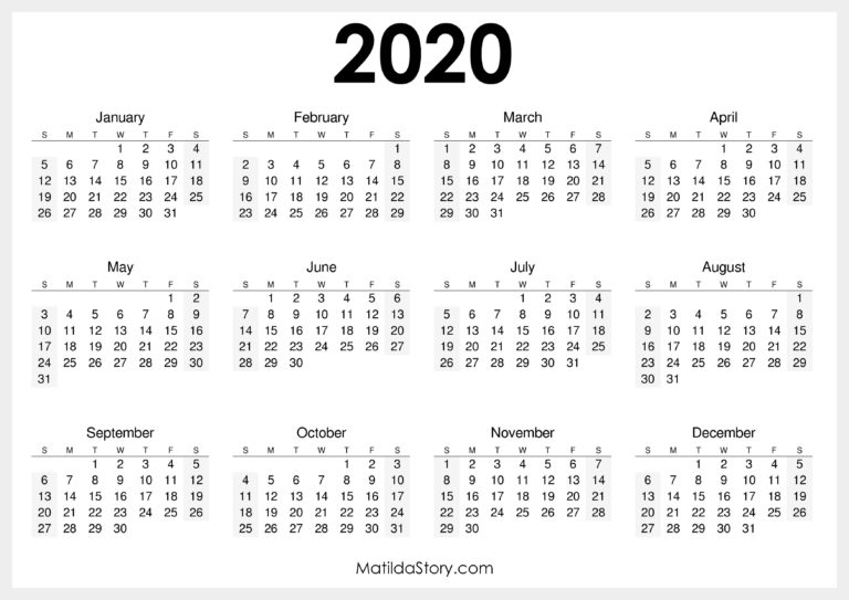 2020 Printable Free Calendar, Horizontal, White – Sunday Start, HD ...