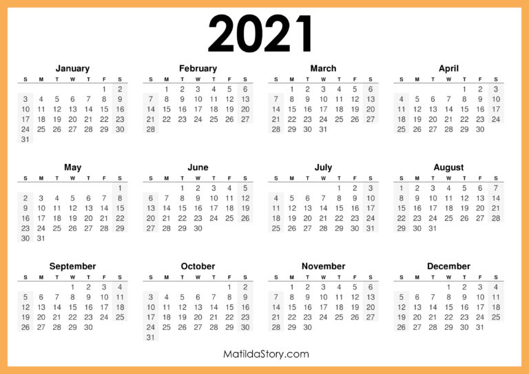 2021 Printable Free Calendar, Horizontal, Orange – Sunday Start, HD ...